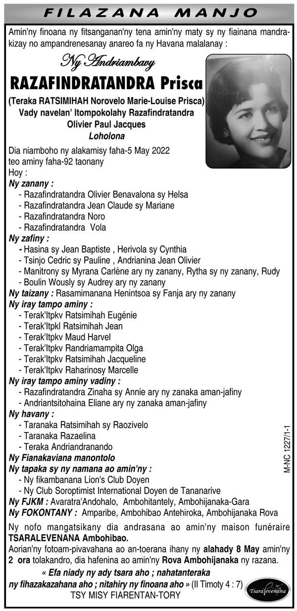 Niamboho ny Andriambavy Razafindratandra Prisca Norovelo « TANIKO Madagascar